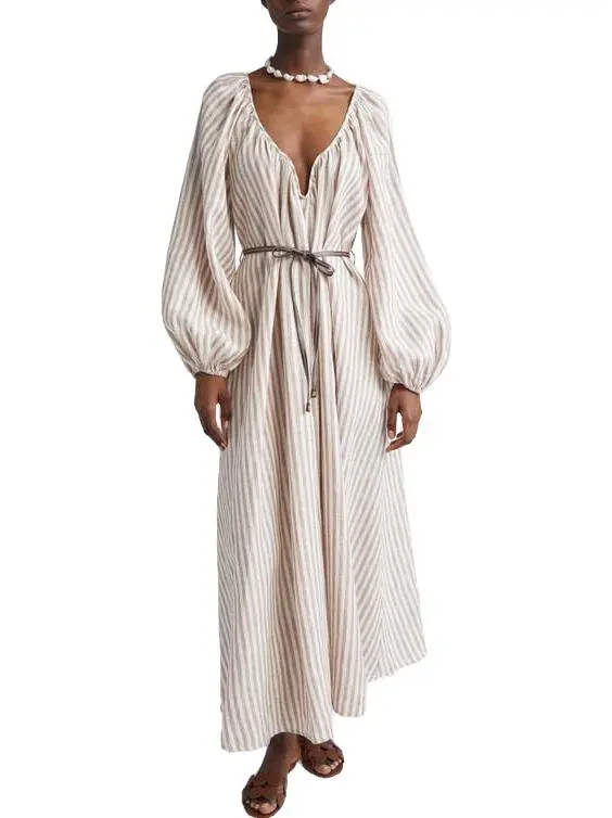 Zimmermann Cascadian Stripe Long Sleeve Linen Maxi Dress - Tan Stripe