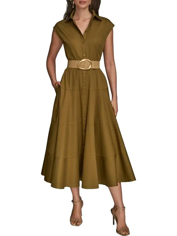 Donna Karan New York Belted Stretch Cotton Shirtdress - Smoky Olive