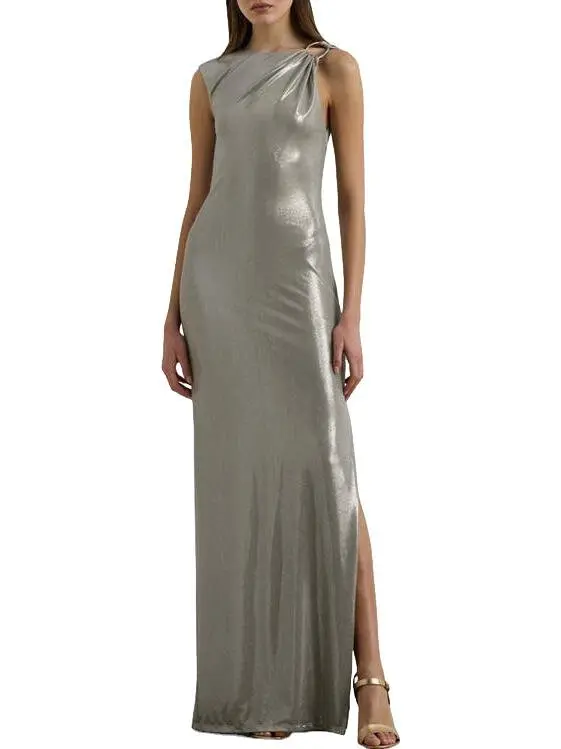 Ralph Lauren Buckle Detail Metallic Sheath Gown - Bright Nickel/ Silver Foil