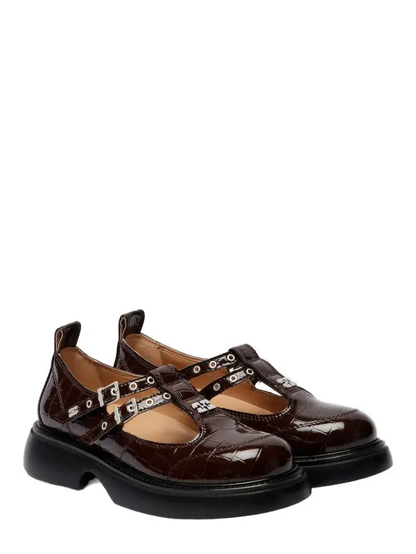 GANNI Croc-effect Mary Jane Flats - Brown