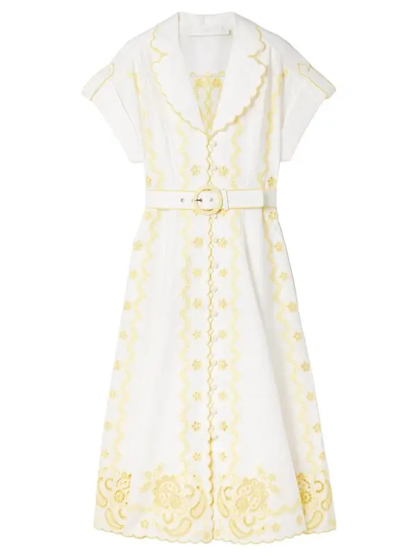 Zimmermann Lucky Belted Broderie Anglaise Linen Midi Shirt Dress - White