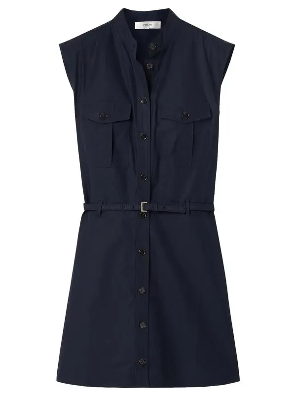 FRAME Belted Cotton-poplin Mini Shirt Dress - Blue