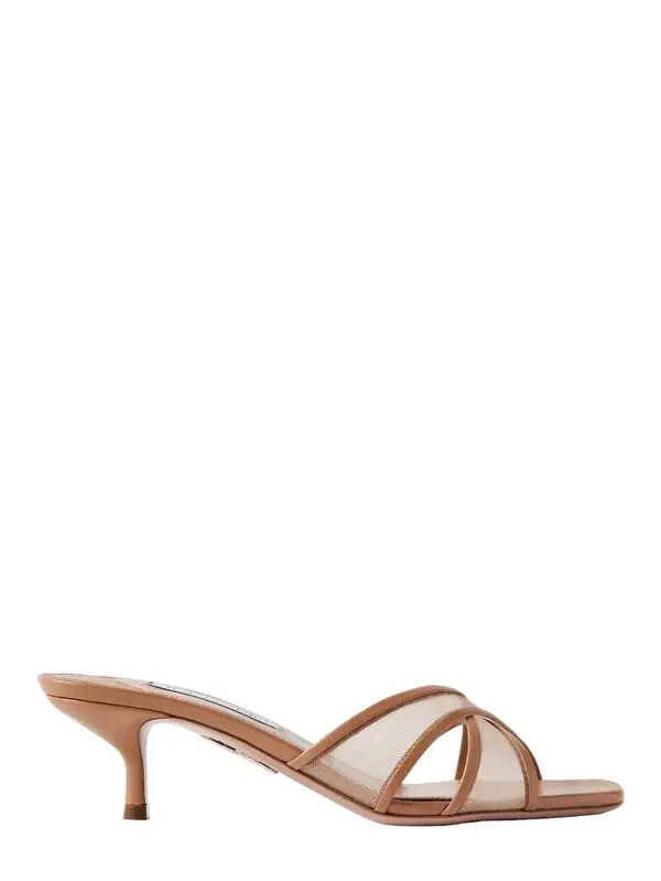 AQUAZZURA Divine 50 Leather-trimmed Tulle Mules - Brown