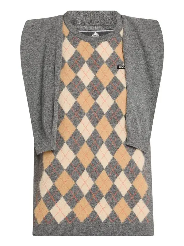 HODAKOVA Argyle Knitted Draped-sleeve Sweater Vest - Gray