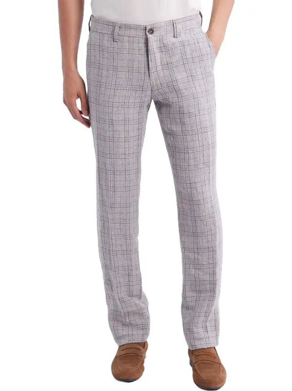 Berle Flat-front Check Linen Dress Pants - Tan