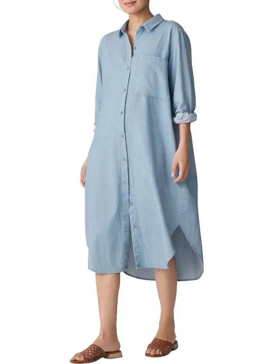 Eileen Fisher Long Sleeve Organic Cotton Shirt Dress - Washed Indigo
