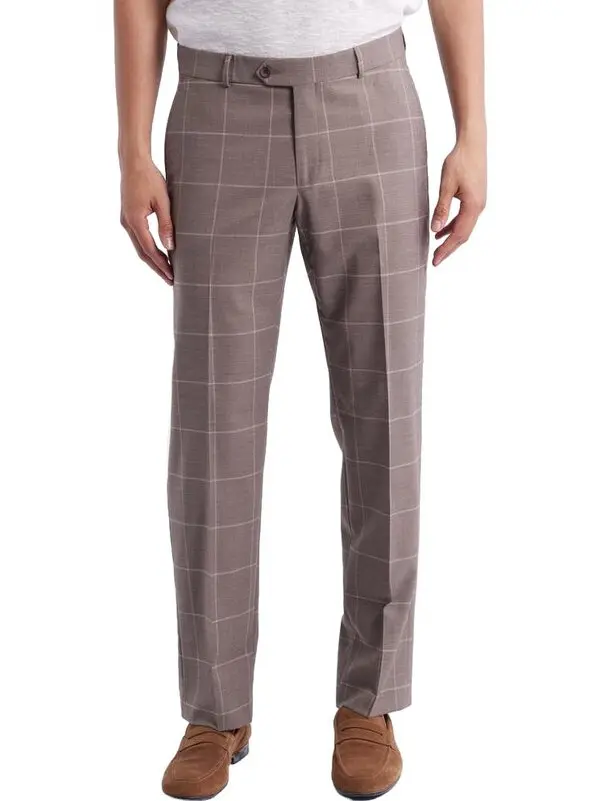 Berle Windowpane Check Stretch Wool Dress Trousers - Medium Brown