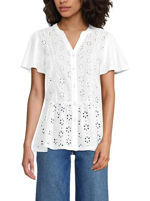 LANDS' END Mixed Media Eyelet Top - White