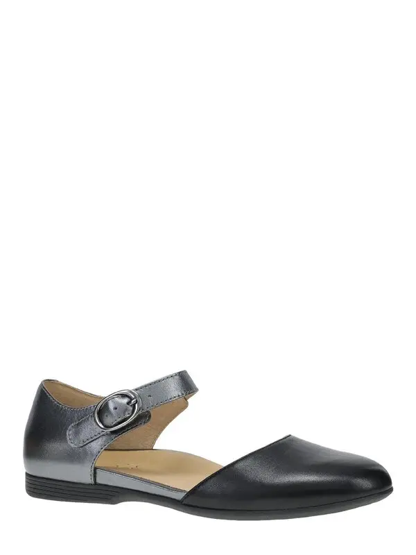 Dansko Liv Ankle Strap Flat - Black/ Pewter Metallic Nappa