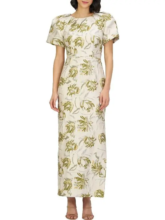 Js Collections Penny Metallic Floral Jacquard Sheath Gown - Green/ Egret