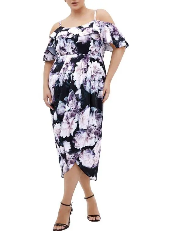 City Chic Floral Drape Cold Shoulder Midi Dress - Sweet Sensation