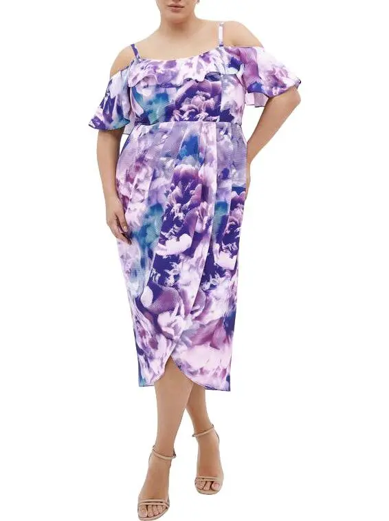 City Chic Floral Drape Cold Shoulder Midi Dress - Violet Bloom