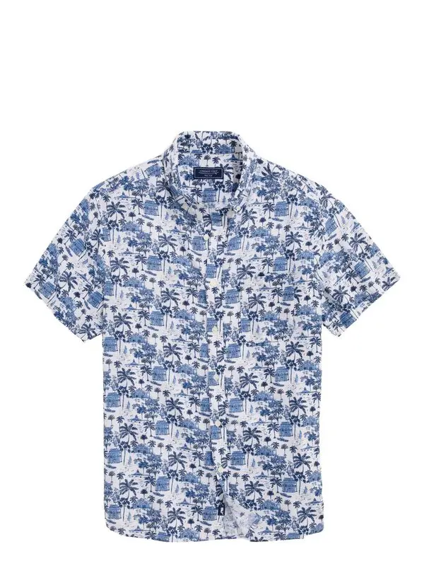 Vineyard Vines Gasparilla Scenic Print Short Sleeve Linen Blend Button-down Shirt - Nautical Navy