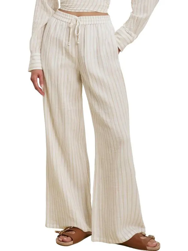 FAVORITE DAUGHTER Slip It On Wide Leg Pants - Light Khaki Stripe