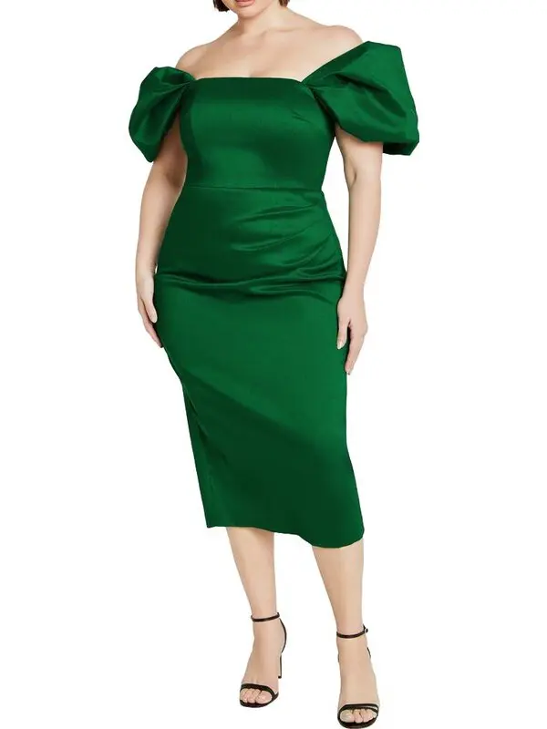 City Chic Elyse Puff Sleeve Sheath Dress - Bright Green