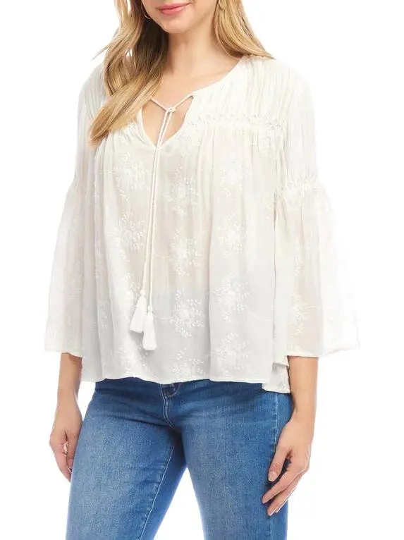 Karen Kane Embroidered Flare Sleeve Peasant Top - Off White
