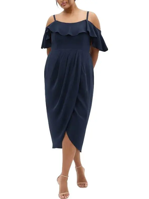 City Chic Flirtation Ruffle Off-the-shoulder Cocktail Dress - Navy