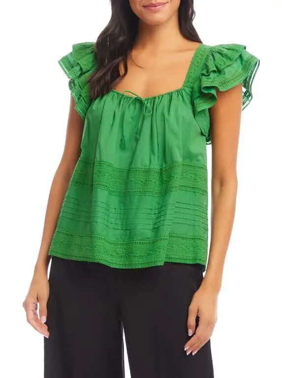 Karen Kane Ruffle Sleeve Embroidered Top - Green