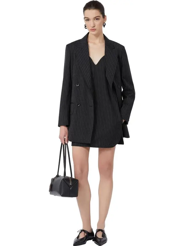 Max Mara Double-breasted Pinstripe Wool Blazer - Black White