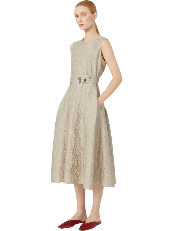 Max Mara Belted Jacquard Midi Dress - Beige