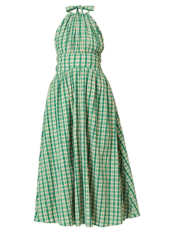 Rosie Assoulin Checkered Seersucker Halter Midi Dress - Green