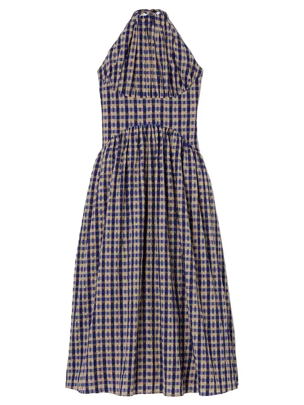 Rosie Assoulin Checkered Seersucker Halter Midi Dress - Navy Check