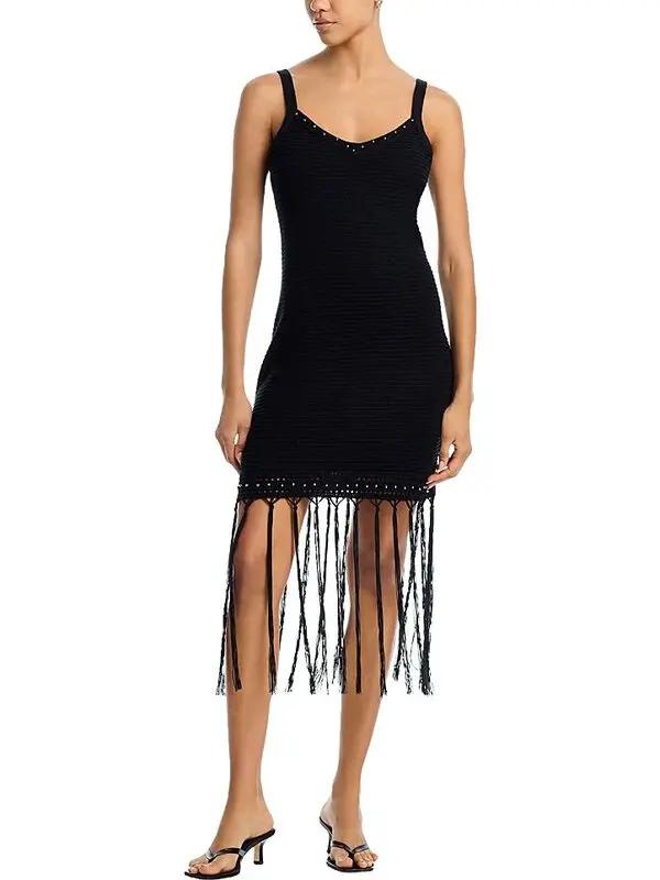 Aqua Stud Fringe Knit Crochet Mini Dress - Black