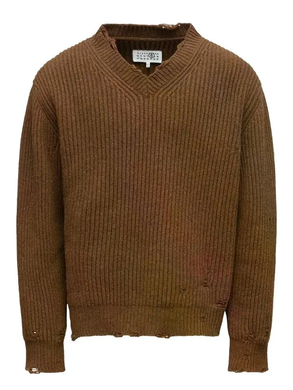 MAISON MARGIELA Ribbed V-neck Sweater - Brown