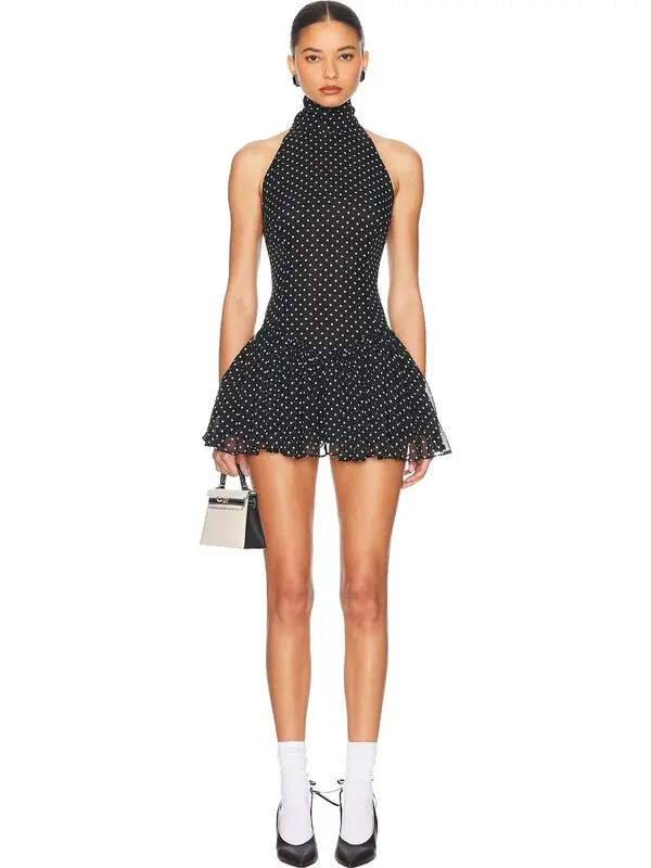 HELSA Gemma Printed Silk Chiffon Dress - Black & Ivory Dot