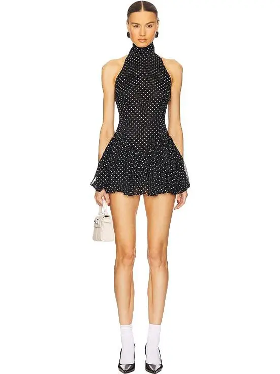 HELSA The Gemma Dress In Printed Silk Chiffon - Black & Ivory Dot