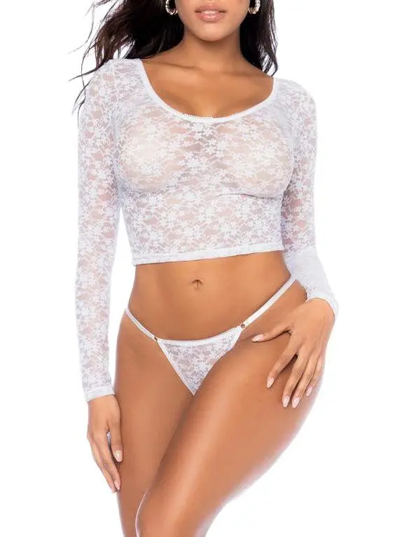 MAPALE Lace Long-sleeve Crop Top & Thong Set - White