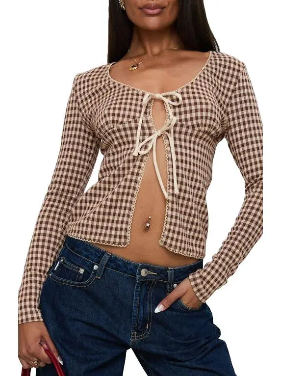 Princess Polly Maemi Front Tie Crop Top - Brown Check