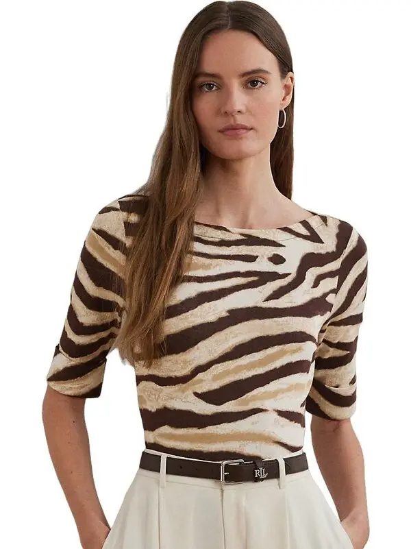 Ralph Lauren Zebra-print Stretch Cotton Boatneck Tee - Cream/brown