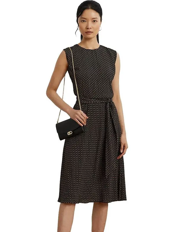 Ralph Lauren Geo-print Belted Bubble Crepe Dress - Black/tan