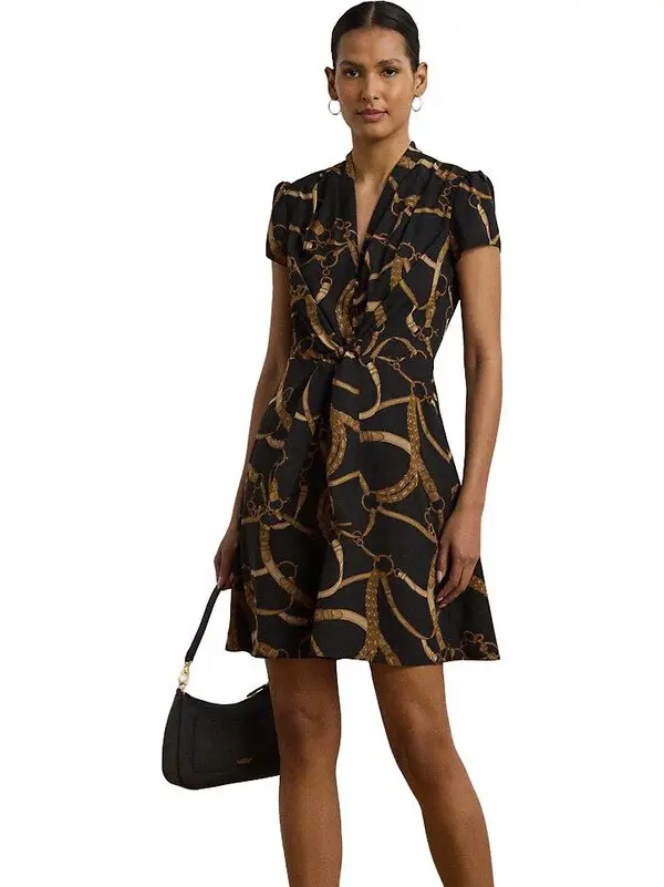 Ralph Lauren Belting-print Crepe Tie-front Dress - Black/tan