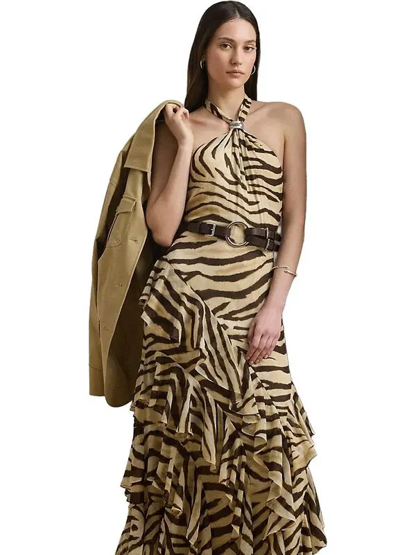 Ralph Lauren Zebra-print Ruffle-trimmed Georgette Gown - Cream/brown
