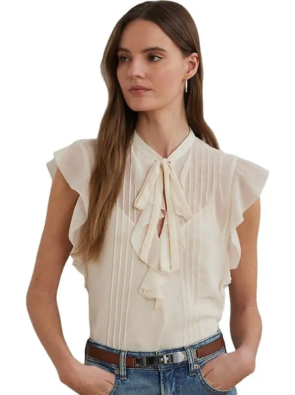 Ralph Lauren Pintucked Georgette Tie-neck Blouse - Mascarpone Cream