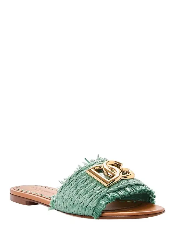 Dolce & Gabbana Raffia Logo Slide Sandals - Green/sand