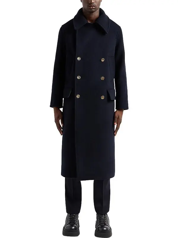 Emporio Armani Double Breasted Wool Overcoat - Solid Blue