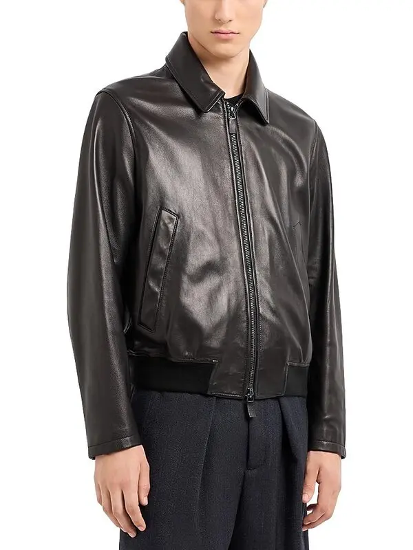 Emporio Armani Leather Bomber Jacket - Black Beauty