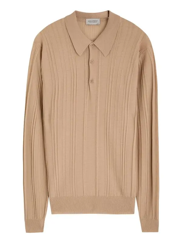 John Smedley Flinn Ribbed Wool Polo Shirt - Beige