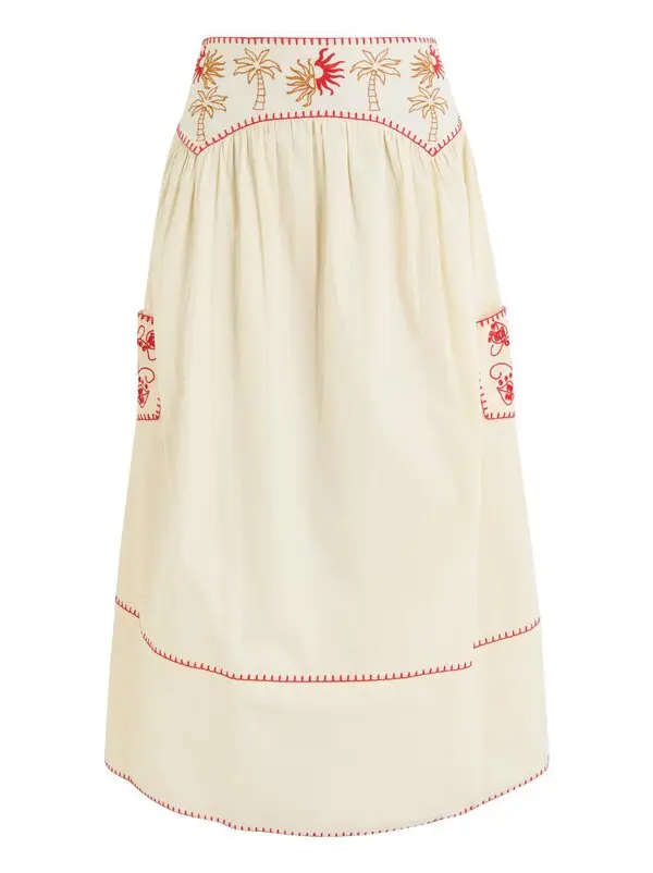 NEVER FULLY DRESSED Pollenca Embroidered Cotton Midi Skirt - White
