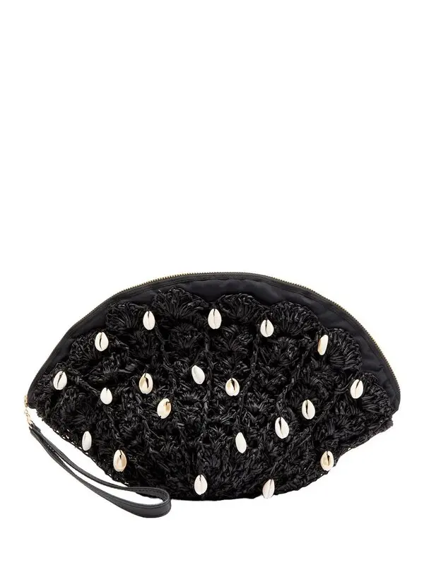 SENSI STUDIO Seashell Embellished Straw Clutch - Black