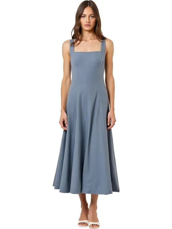 MODENAIRE Wide Strap Square Neck Fit & Flare Midi Dress - Blue-gray
