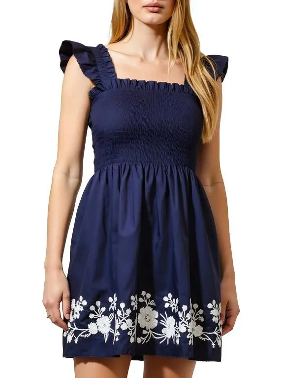 MODENAIRE Smocked Floral Embroidered Mini Dress - Blue