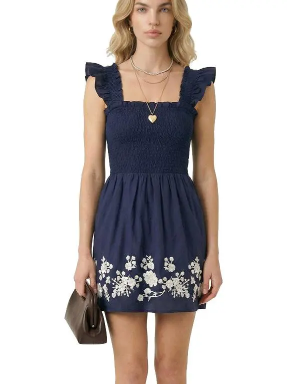 MODENAIRE Smocked Floral Embroidered Mini Dress - Blue
