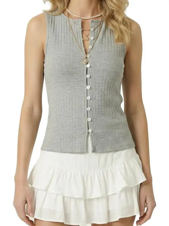 MODENAIRE Sleeveless Ribbed Knit Top With Off-center Button Front - Gray