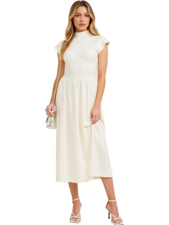 MODENAIRE Knit Midi Dress With Mock Neck And Elastic Waist - White