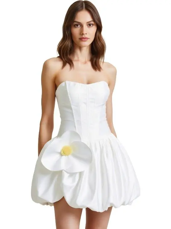 MODENAIRE Strapless Mini Dress With Floral Accent - White