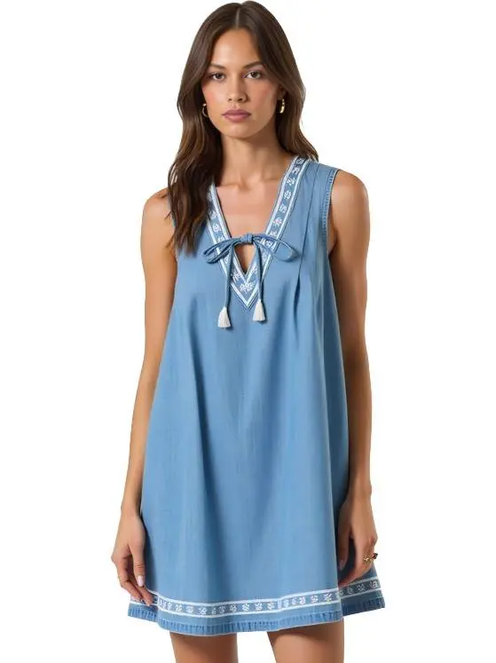 MODENAIRE Sleeveless Mini Dress With Embroidered Trim - Blue